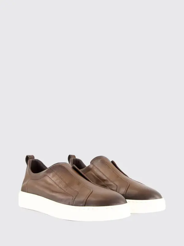 Santoni Aged Leather Slip-on Sneakers With Elasticated Inserts And A Pull-tab - Brown