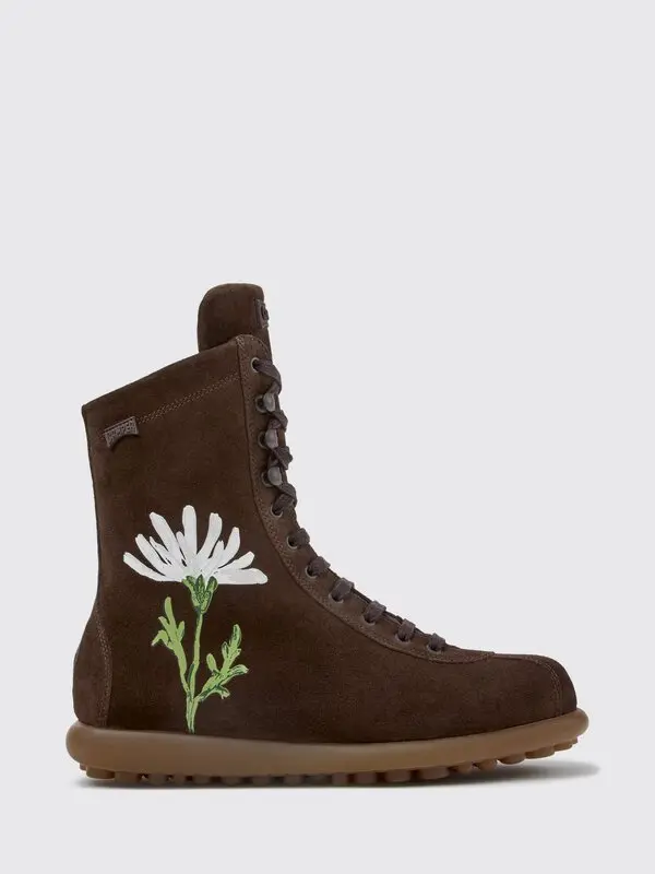 Camper Twins Floral Print Suede Combat Boots With Zip Closure
