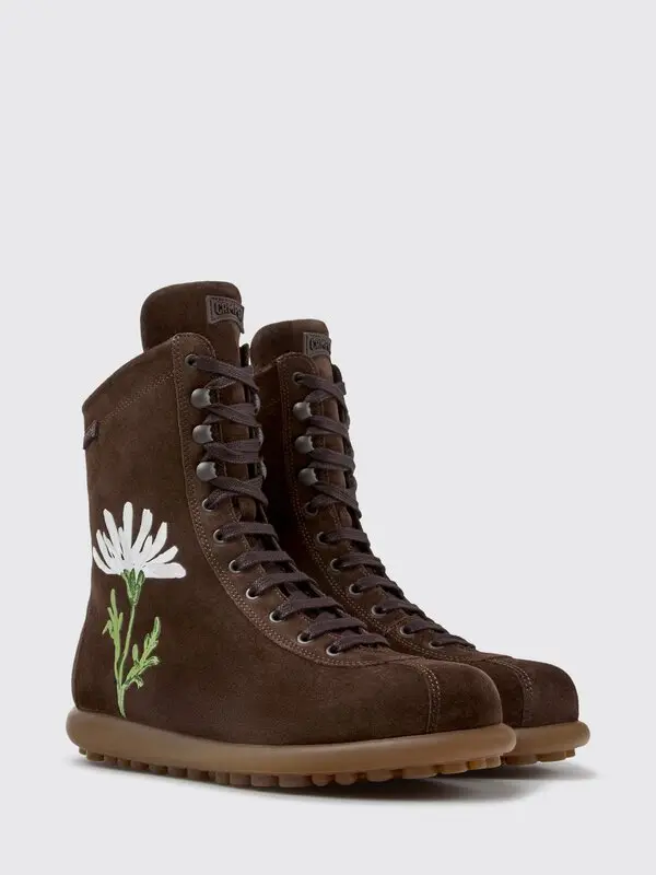 Camper Twins Floral Print Suede Combat Boots With Zip Closure