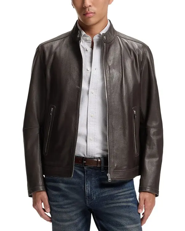 BOSS H-mansell Stand Collar Zip Leather Jacket - Open Brown