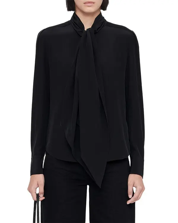 ALLSAINTS Iris Silk Tie Neck Shirt - Black