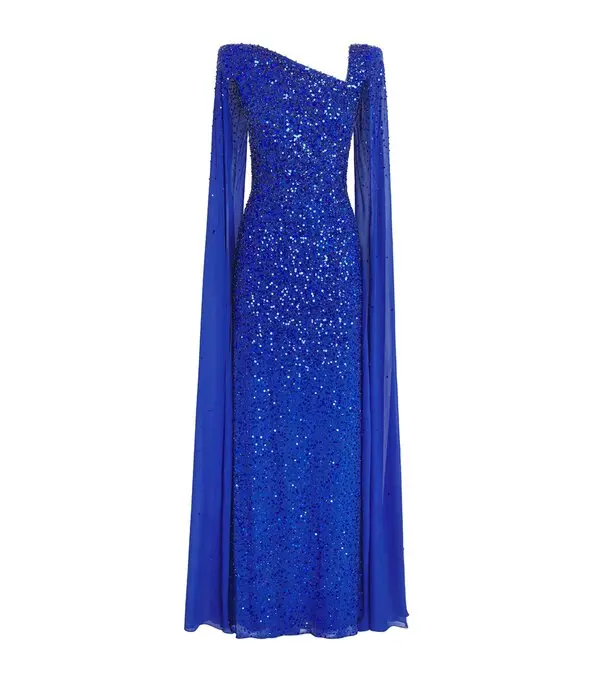 Jenny Packham Sequin Cape Twilight Gown - Blue