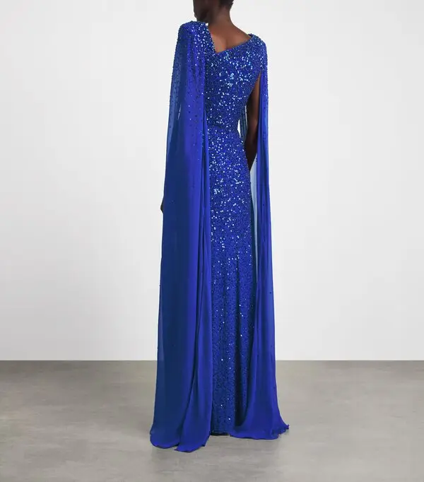 Jenny Packham Sequin Cape Twilight Gown - Blue
