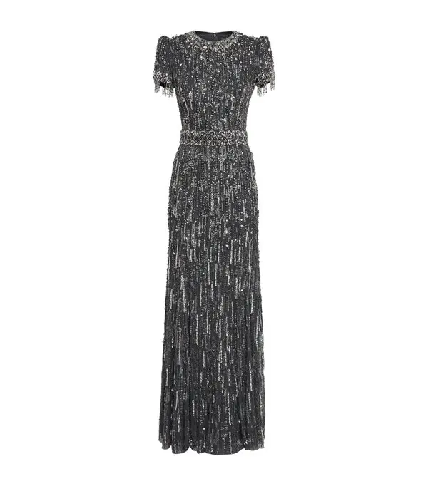 Jenny Packham Short-sleeve Rhinestone Maxi Dress
