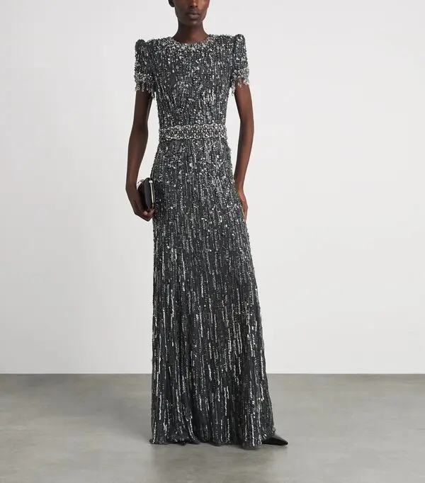 Jenny Packham Short-sleeve Rhinestone Maxi Dress