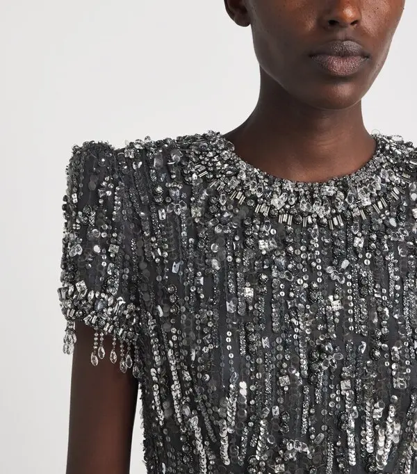 Jenny Packham Short-sleeve Rhinestone Maxi Dress