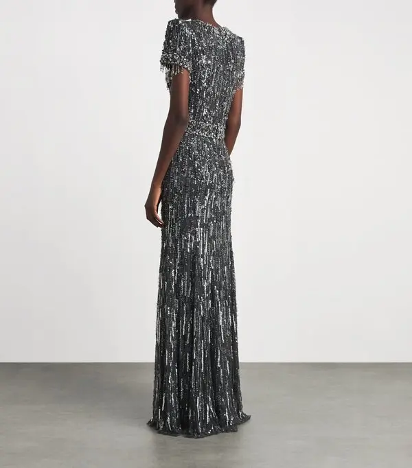 Jenny Packham Short-sleeve Rhinestone Maxi Dress