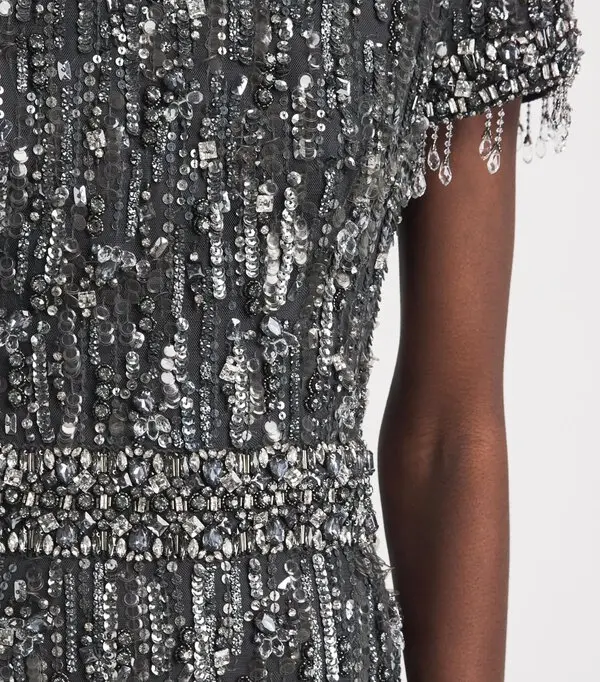 Jenny Packham Short-sleeve Rhinestone Maxi Dress