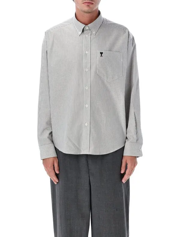 AMI Paris Striped Cotton Boxy-fit Button-down Shirt With Of Caur Chest Pocket - Bianco