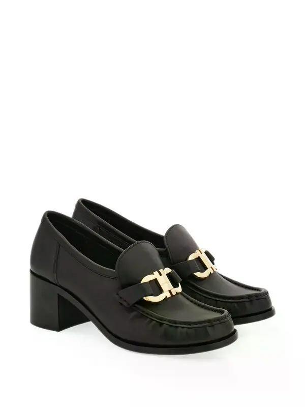 FERRAGAMO Block Heels Loafers With Gancini Ornament - Black