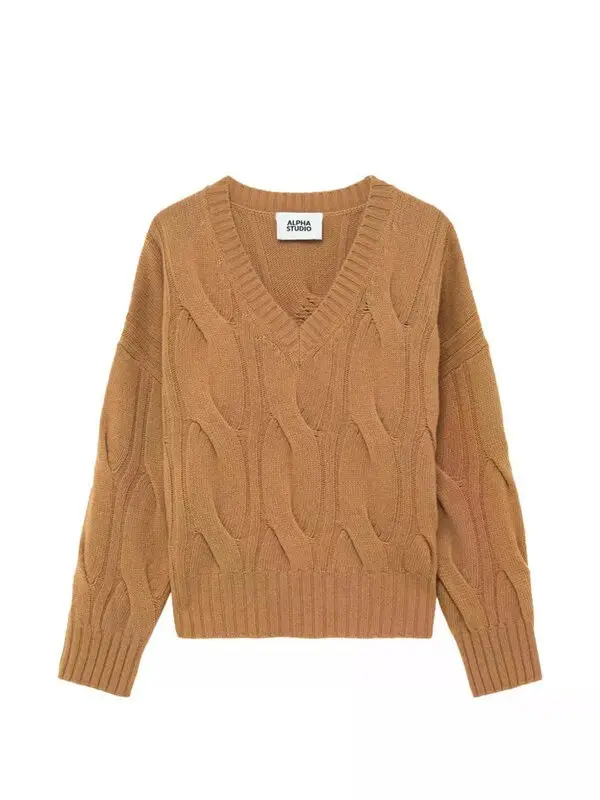 Alpha Studio Cable-knit V-neck Sweater