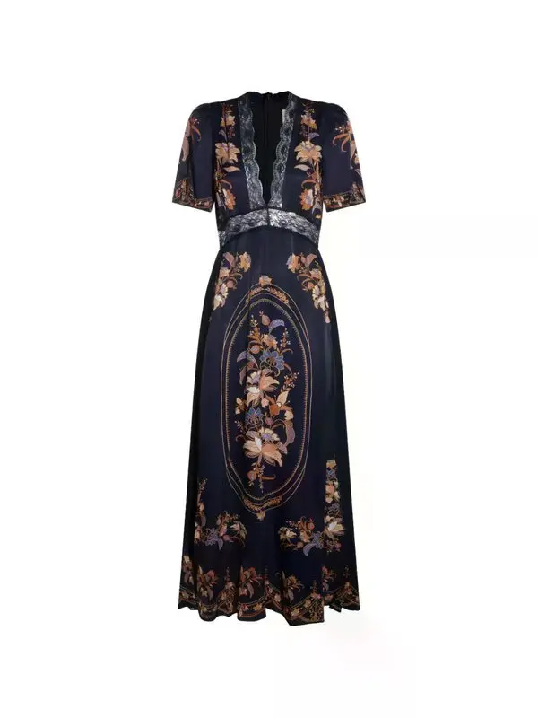 Farm Rio Floral-print Lace-trim Maxi Dress - Blue