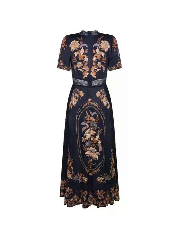Farm Rio Floral-print Lace-trim Maxi Dress - Blue