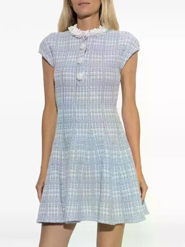 SELF-PORTRAIT Appliqué-neckline Bouclé-knit Mini Dress - Blue