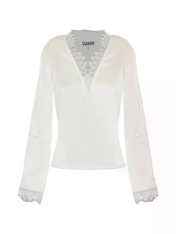 GANNI Lace-trim Satin Blouse - Neutrals