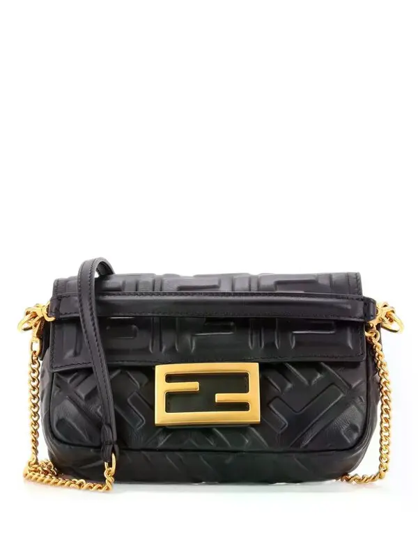 Fendi Baguette Nm Bag Zucca Embossed Leather Mini Crossbody Bag - Black