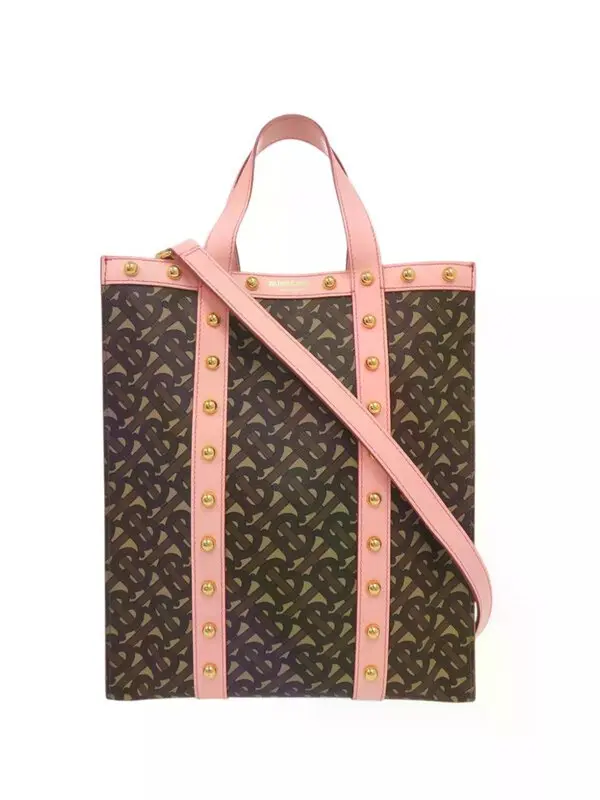 Burberry 2018-2023 Small Tb Monogram E Canvas And Studded Leather Vertical Tote Satchel - Brown