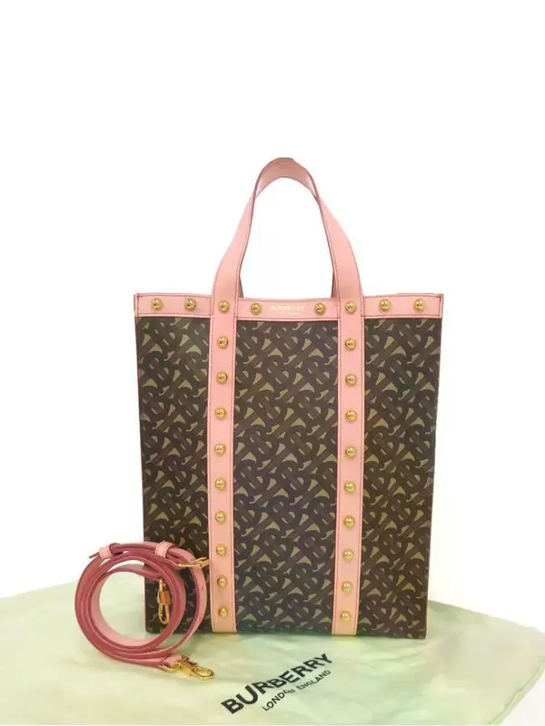Burberry 2018-2023 Small Tb Monogram E Canvas And Studded Leather Vertical Tote Satchel
