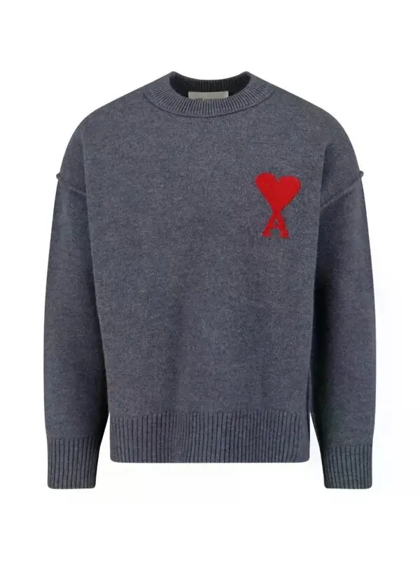 AMI Paris Crewneck Wool Sweater With De Coeur - Grey