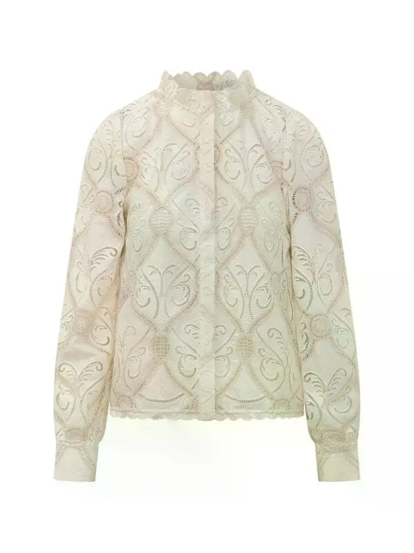 Farm Rio Lace-embroidered Scalloped-edge Blouse - Neutrals