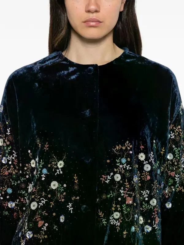 AODRESS Floral-embroidered Velvet Coat