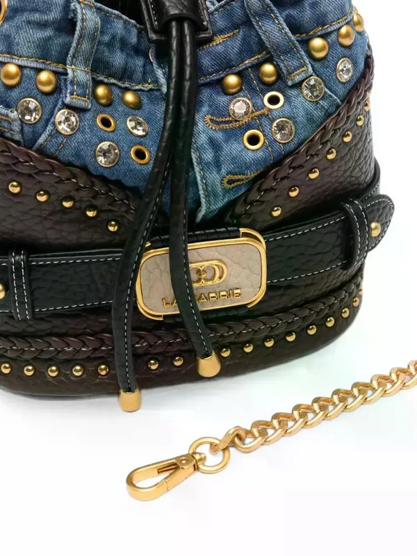 LA CARRIE Stud-embellished Denim-detail Bucket Bag