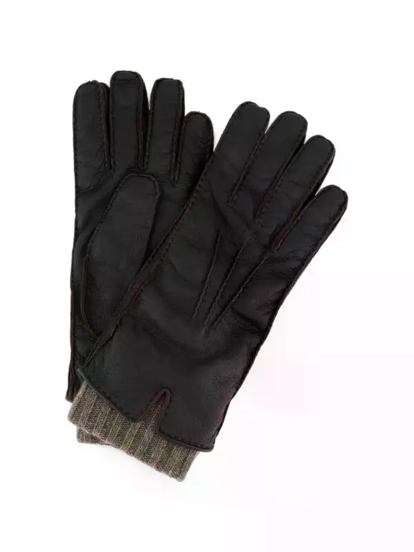 Fedeli Ribbed-knit Trim Leather Gloves - Brown