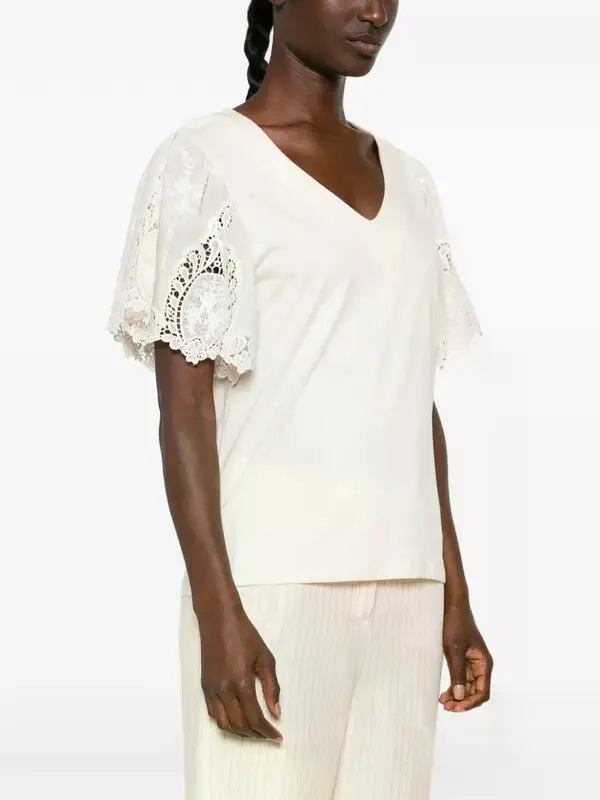 MAISON123 Lace-panelled V-neck T-shirt