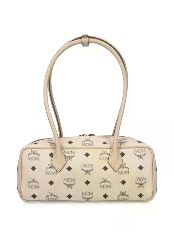 Mcm Small Aren Monogram-print Leather-trim Shoulder Bag - Neutrals