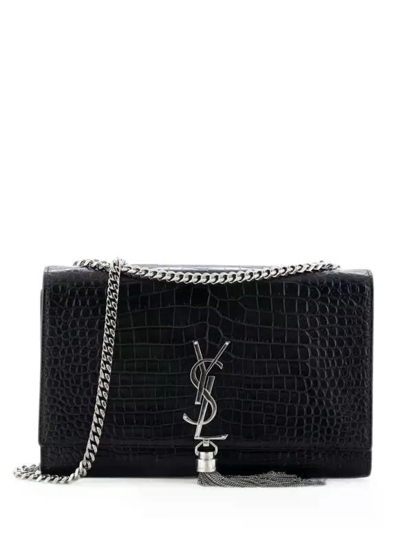 Saint Laurent Classic Monogram Tassel Crocodile Embossed Leather Medium Crossbody Bag - Black