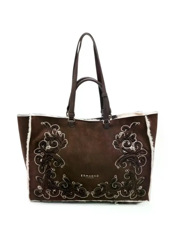 ERMANNO FIRENZE Large Shearling-trim Embroidered Tote Bag - Brown