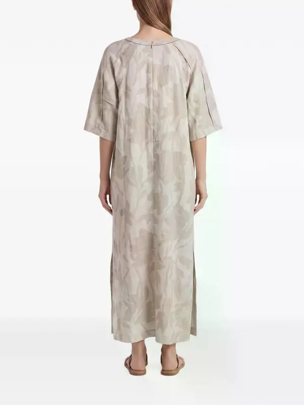 Brunello Cucinelli Maxi Leaf-pattern V-neck Dress