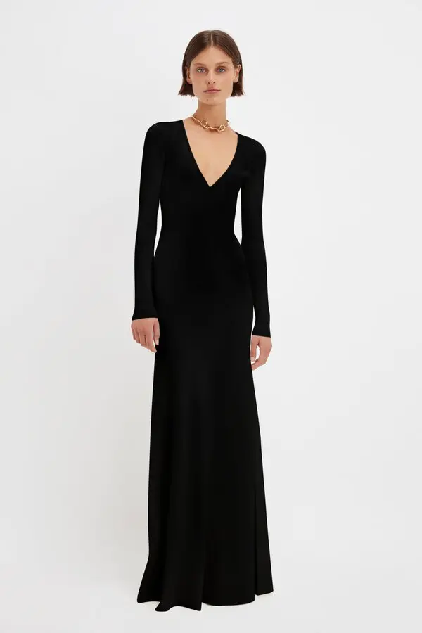 Victoria Beckham Deep V Knitted Gown - Black