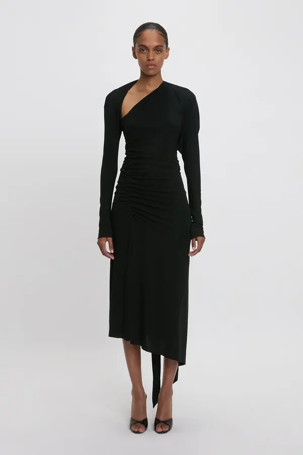 Victoria Beckham Slash-neck Ruched Midi Dress