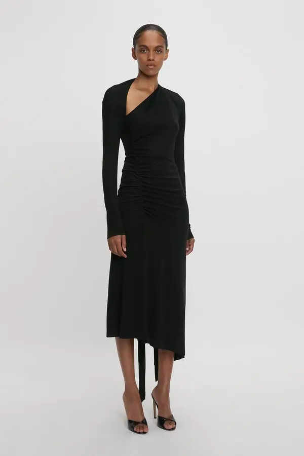 Victoria Beckham Slash-neck Ruched Midi Dress