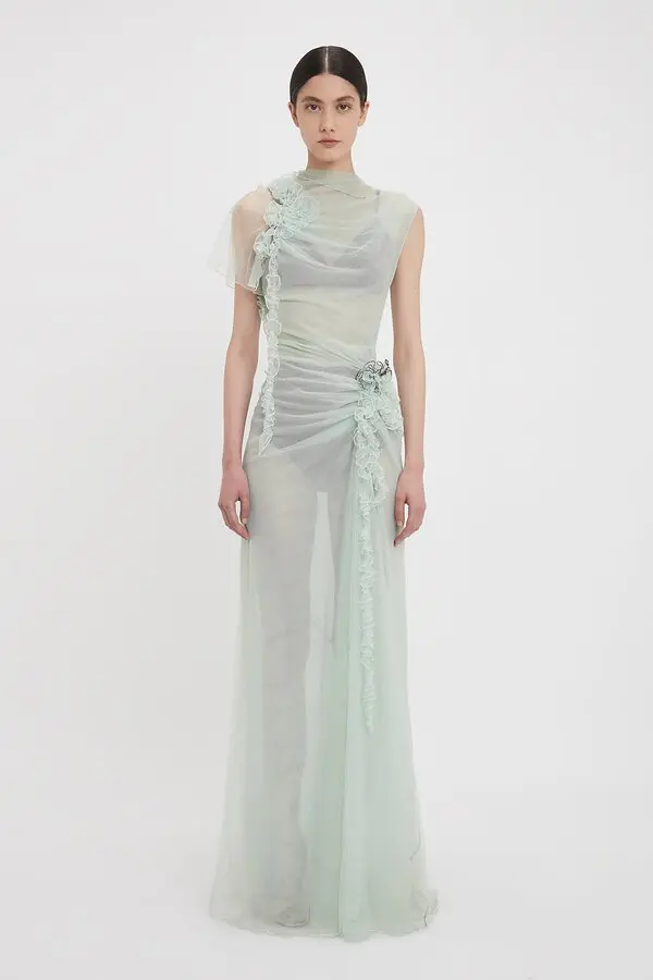 Victoria Beckham Gathered Tulle Detail Floor-length Dress - Jade