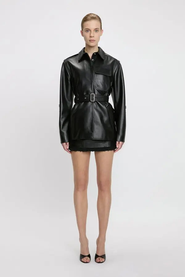 Victoria Beckham Belted Boxy Leather Jacket