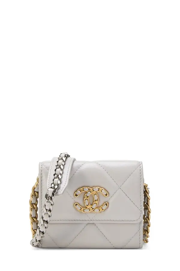 Chanel Lambskin 19 Flap Card Holder On Chain - Grey