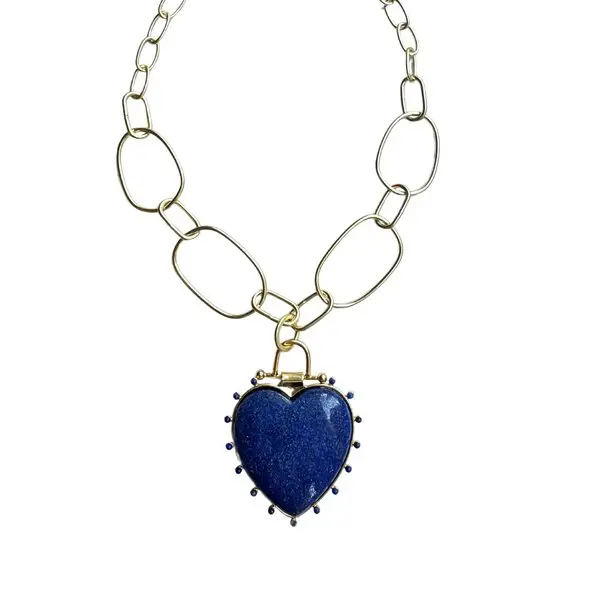 RARE MATTERS JEWELRY Blue / Gold Luxe Lapis Heart Statement Chunky Pendant Necklace - Blue/gold