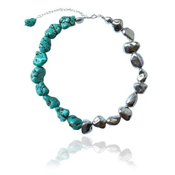 RARE MATTERS JEWELRY Bold Chunky Sterling Silver & Natural Turquoise Nugget Statement Necklace - Blue