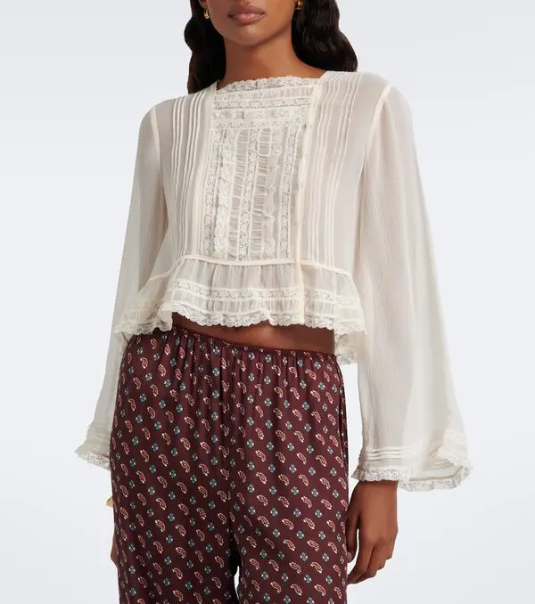 DÔEN Elodine Lace-trimmed Silk Chiffon Top