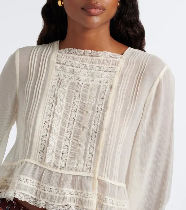 DÔEN Elodine Lace-trimmed Silk Chiffon Top