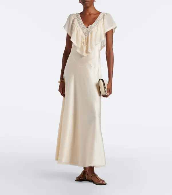 DÔEN Léoris Lace-trimmed Ruffled Silk Midi Dress
