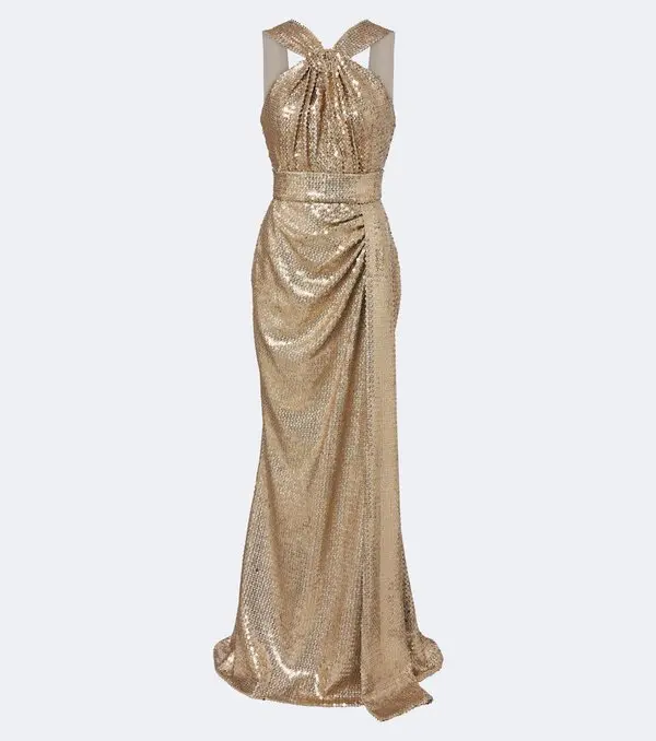 Elie Saab Draped Sequined Halterneck Gown - Gold
