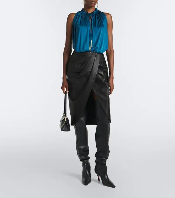 Balmain Draped Leather Midi Skirt