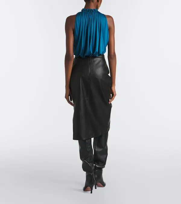 Balmain Draped Leather Midi Skirt