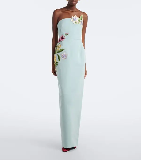 Oscar De La Renta Floral Embroidered Silk Bustier Gown