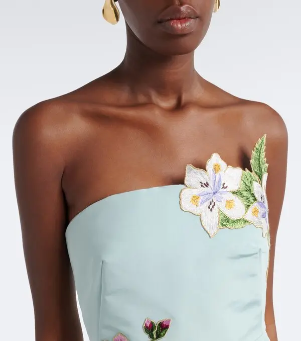 Oscar De La Renta Floral Embroidered Silk Bustier Gown