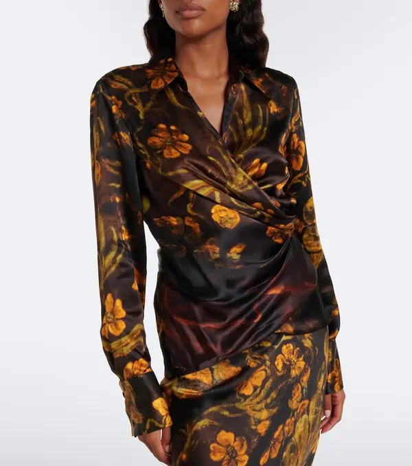 Dries Van Noten Draped Floral Silk Satin Wrap Top