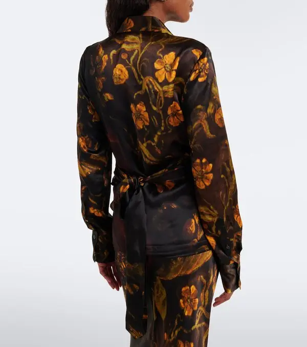 Dries Van Noten Draped Floral Silk Satin Wrap Top